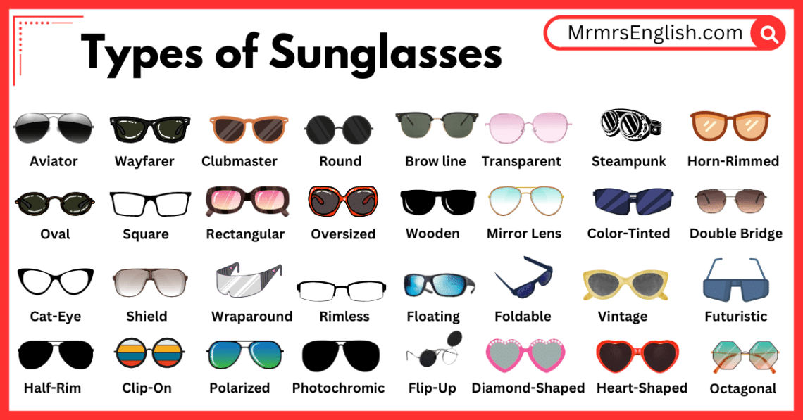 Types of Sunglasses Names in English with Pictures - MR MRS ENGLISH