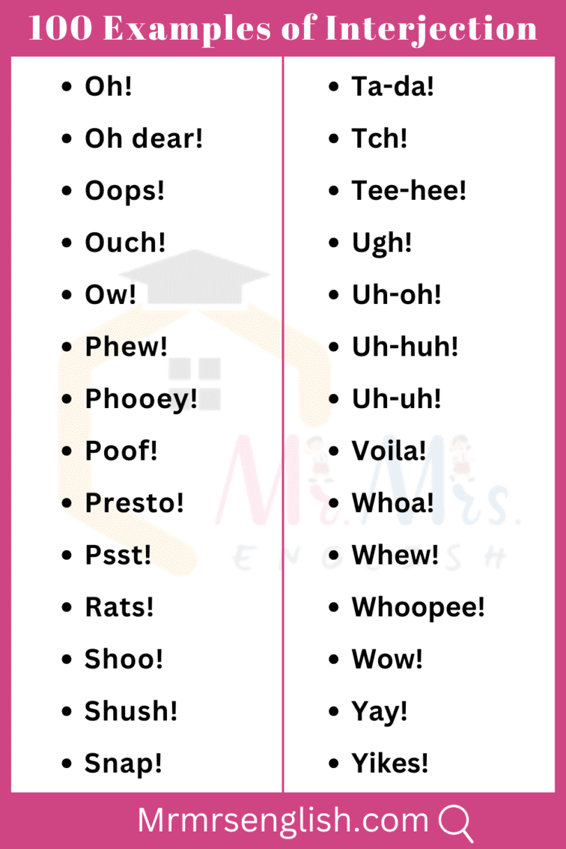100 Examples of interjection in English and their images - MR MRS ENGLISH