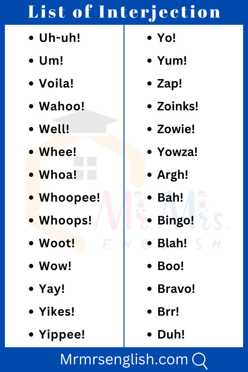 100 Examples of interjection in English and their images - MR MRS ENGLISH