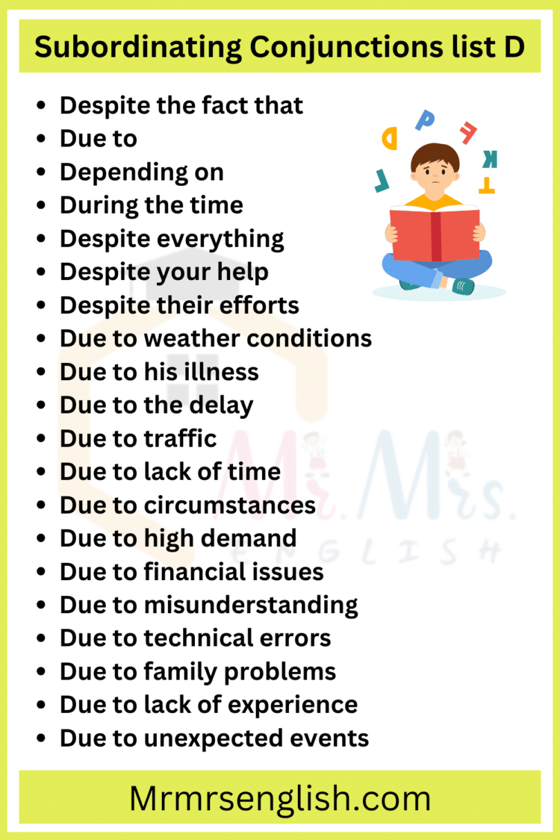 Subordinating Conjunctions list from A to Z in English - MR MRS ENGLISH