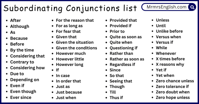 Subordinating Conjunctions list from A to Z in English - MR MRS ENGLISH