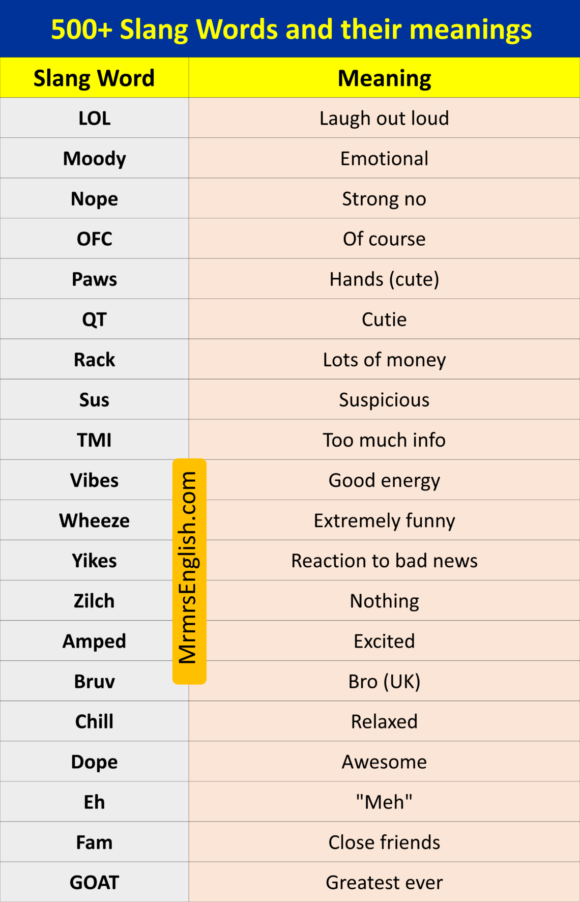 500 Most Common Slang Words with Meanings in English - MR MRS ENGLISH