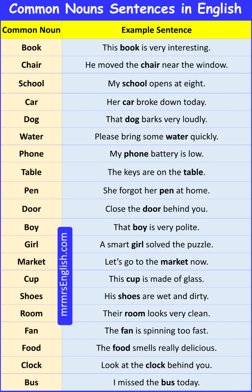 100 Common Nouns with Examples in English and Pictures - MR MRS ENGLISH