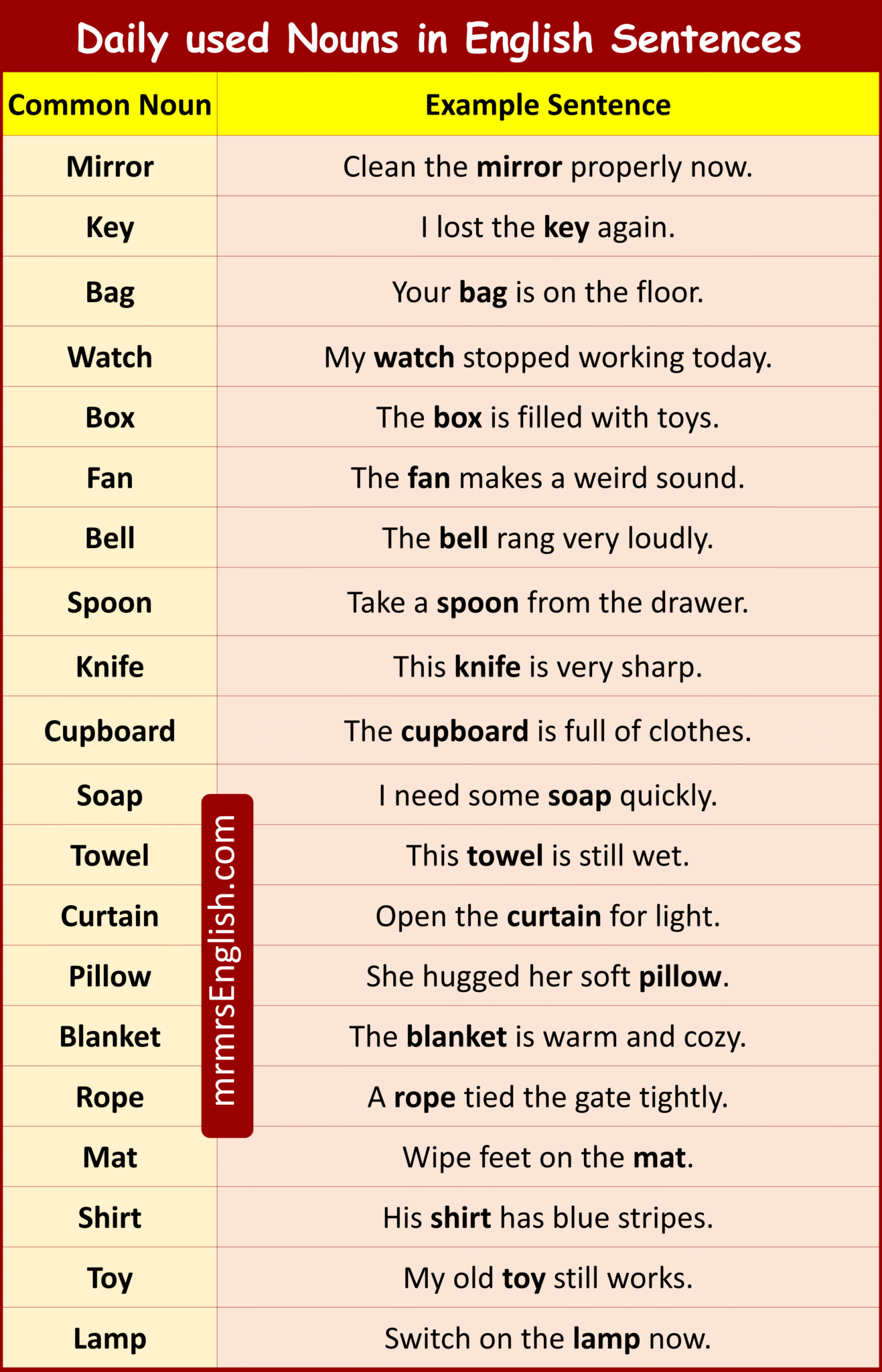 100 Common Nouns with Examples in English and Pictures - MR MRS ENGLISH