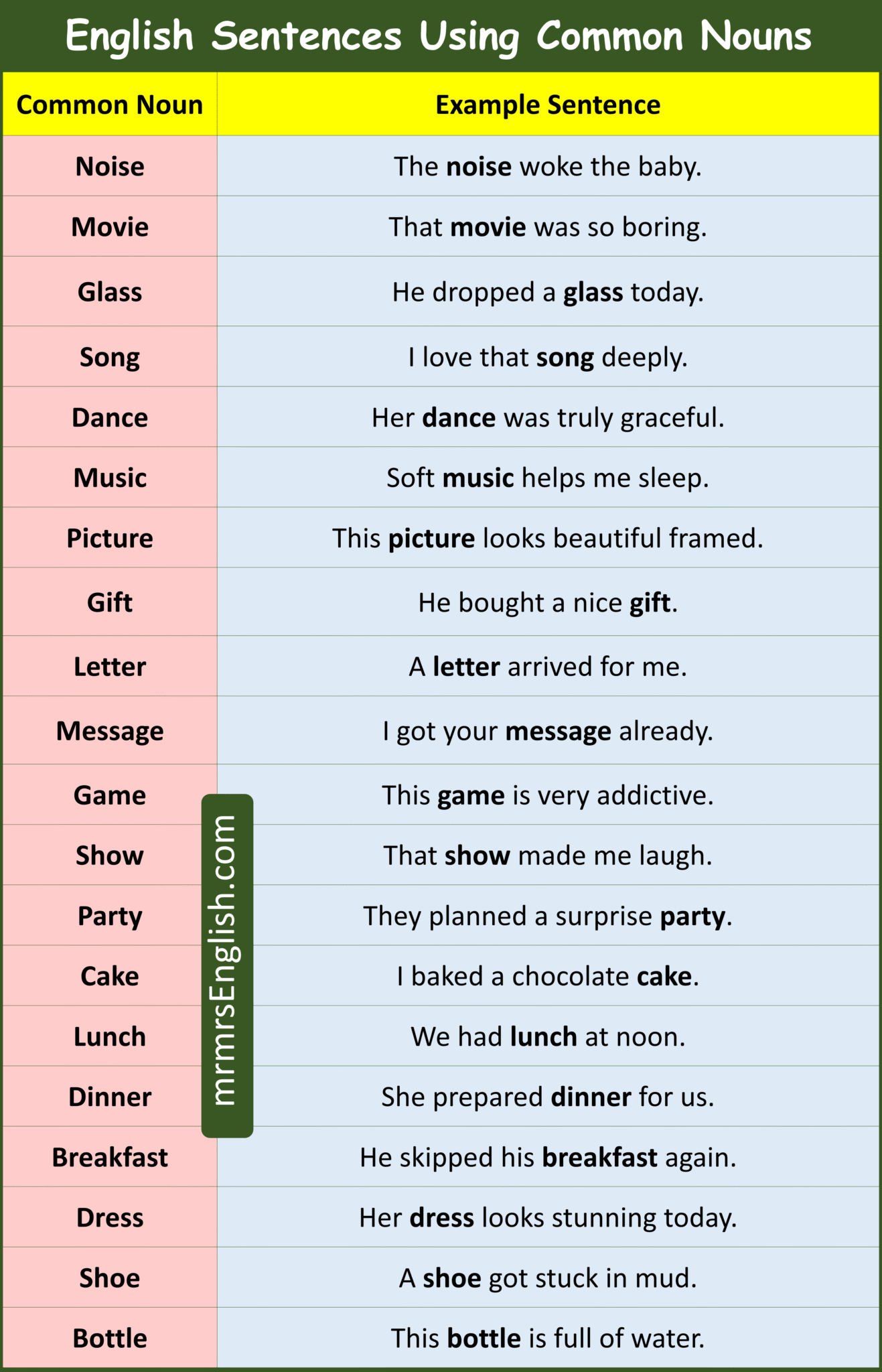 100 Common Nouns with Examples in English and Pictures - MR MRS ENGLISH
