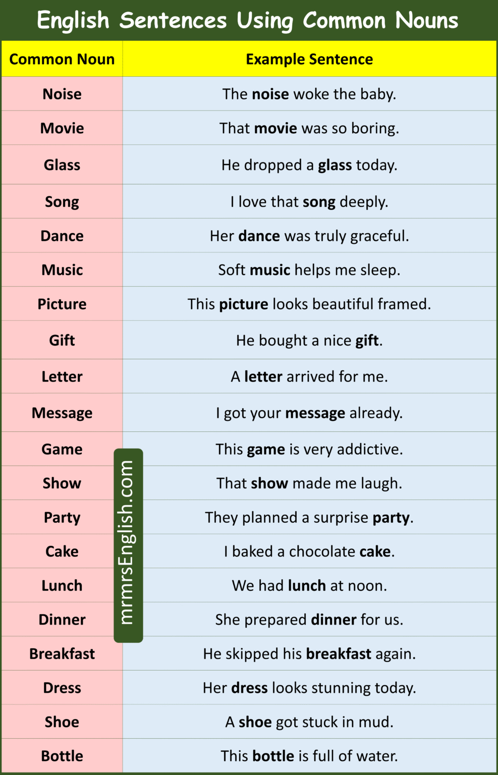 100 Common Nouns with Examples in English and Pictures - MR MRS ENGLISH
