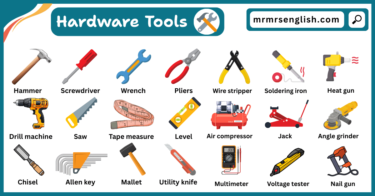 Hardware Tools Names in English with Their Pictures - MR MRS ENGLISH