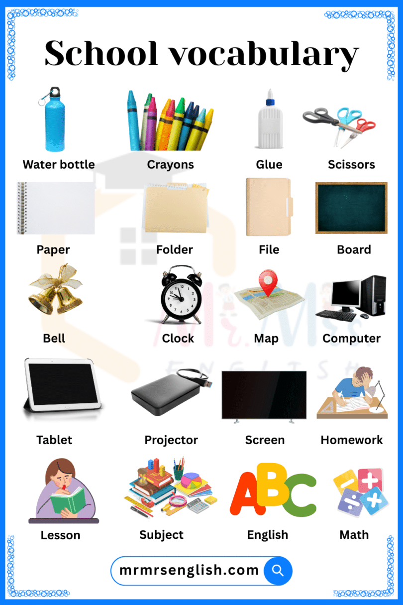 School vocabulary words for kids in English with Pictures - MR MRS ENGLISH