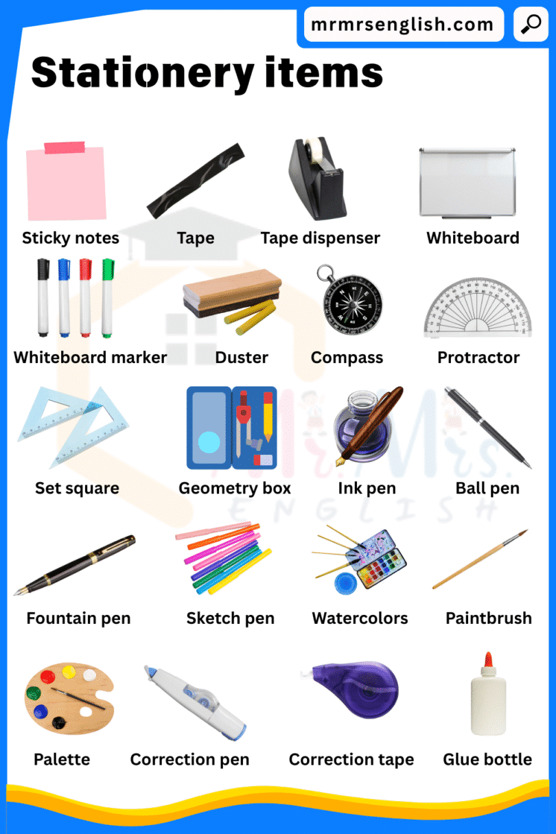Stationery items names in English with Pictures for kids - MR MRS ENGLISH