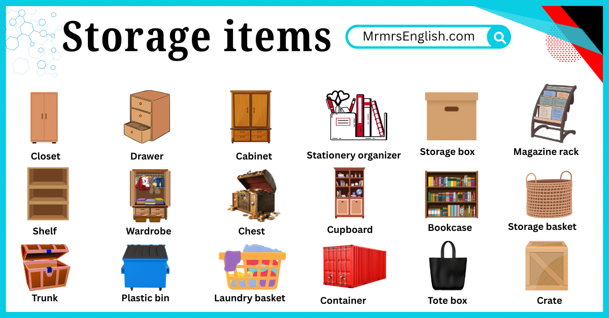 Storage items names in English with their Pictures - MR MRS ENGLISH