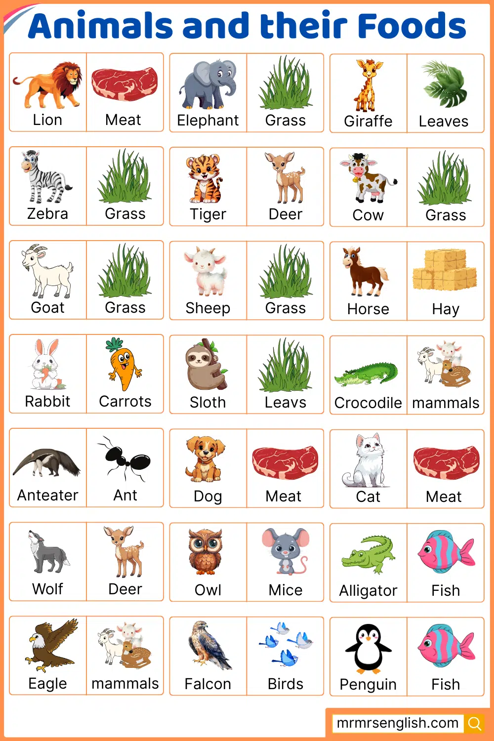 Animals Foods Names in English with Their Pictures - MR MRS ENGLISH