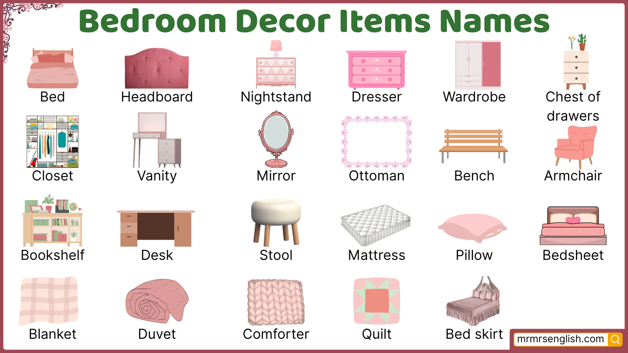 Bedroom Decor items Names in English with their Pictures - MR MRS ENGLISH