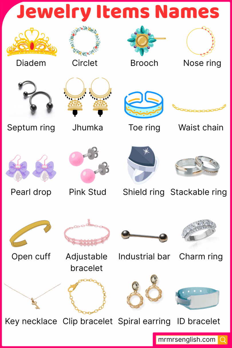 Jewelry items Names in English with Their Pictures - MR MRS ENGLISH