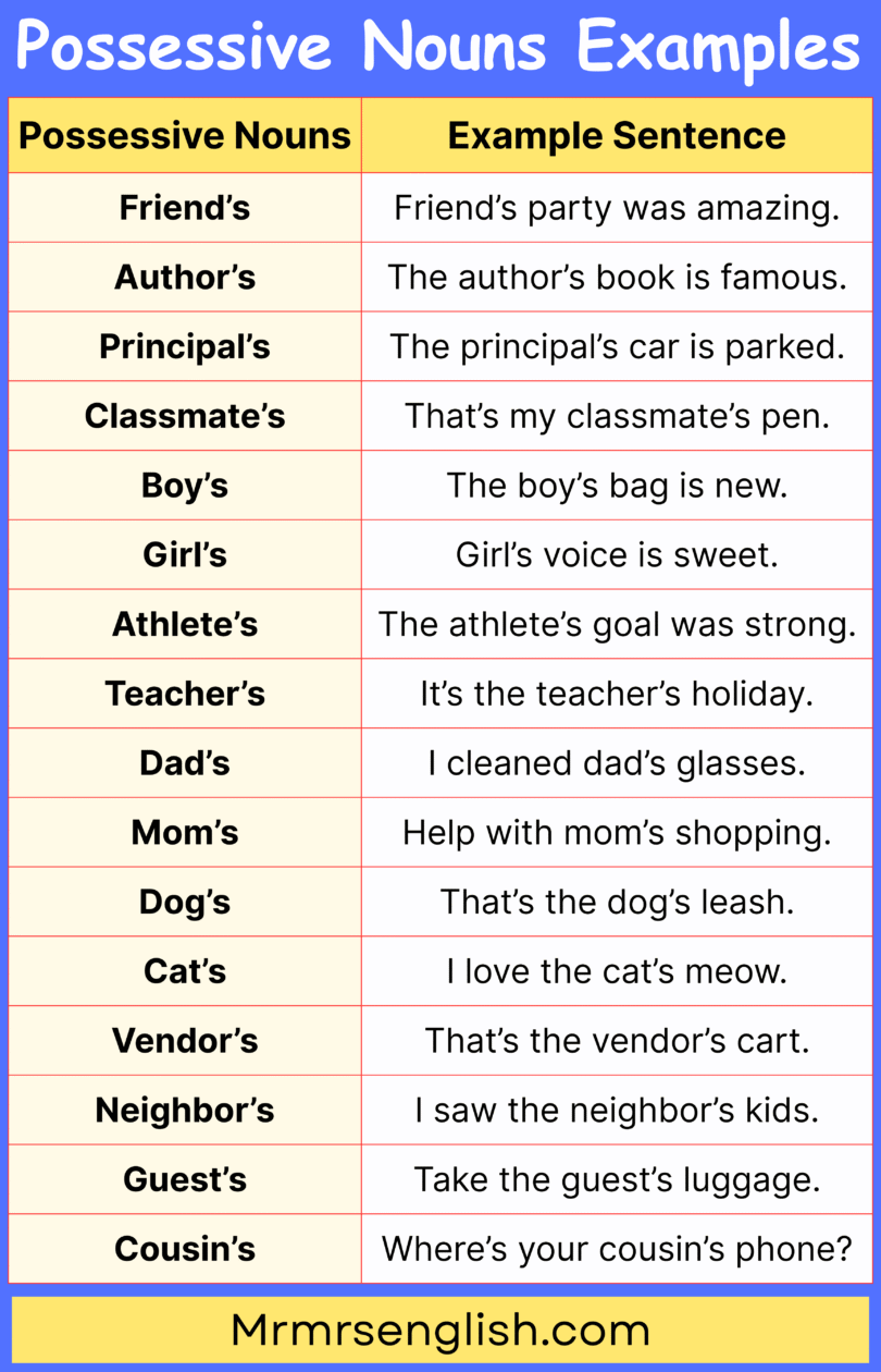 Possessive Nouns Examples Sentences in English and Pictures - MR MRS ...