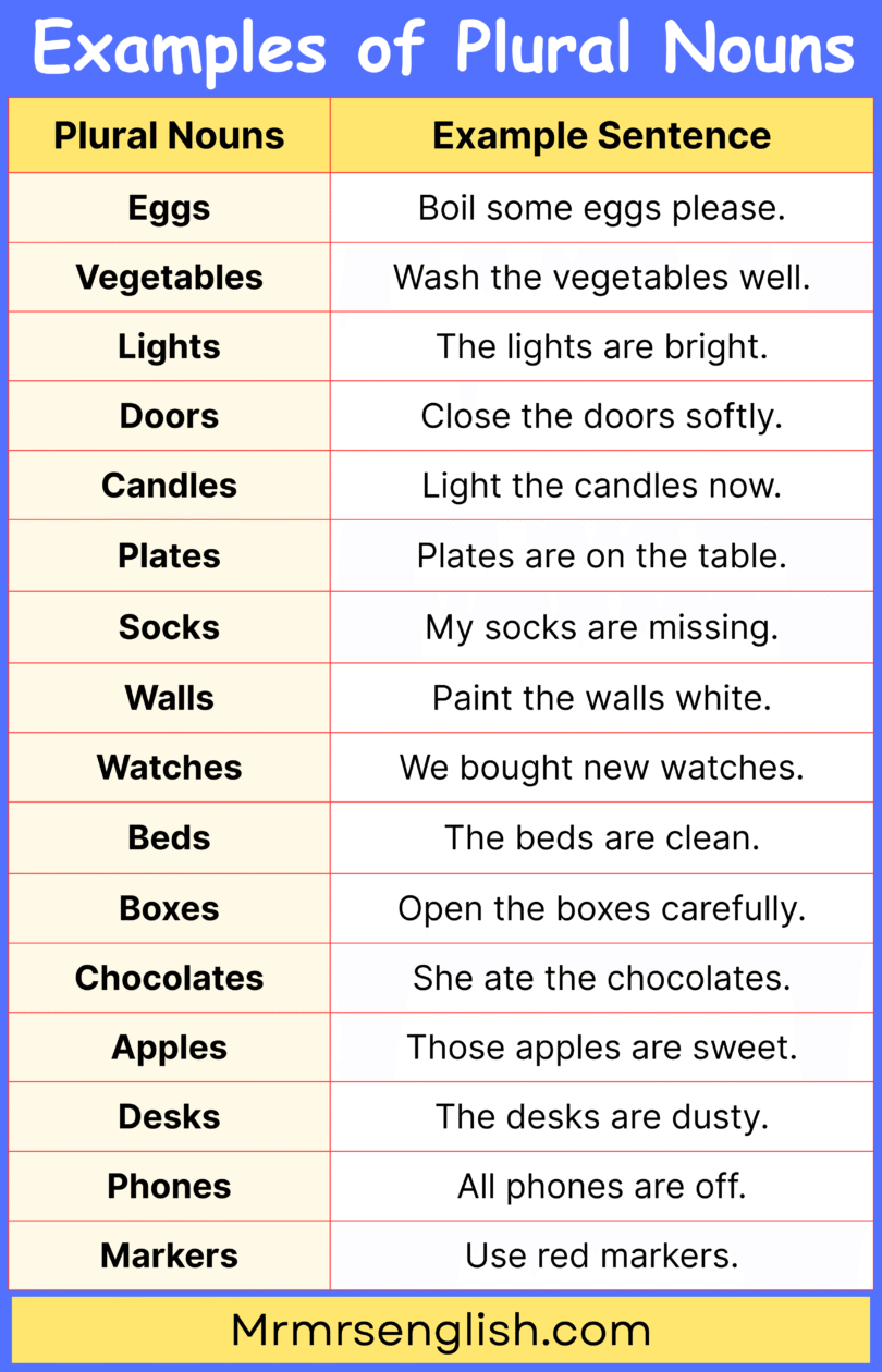Plural Nouns Examples Sentences in English with Pictures - MR MRS ENGLISH