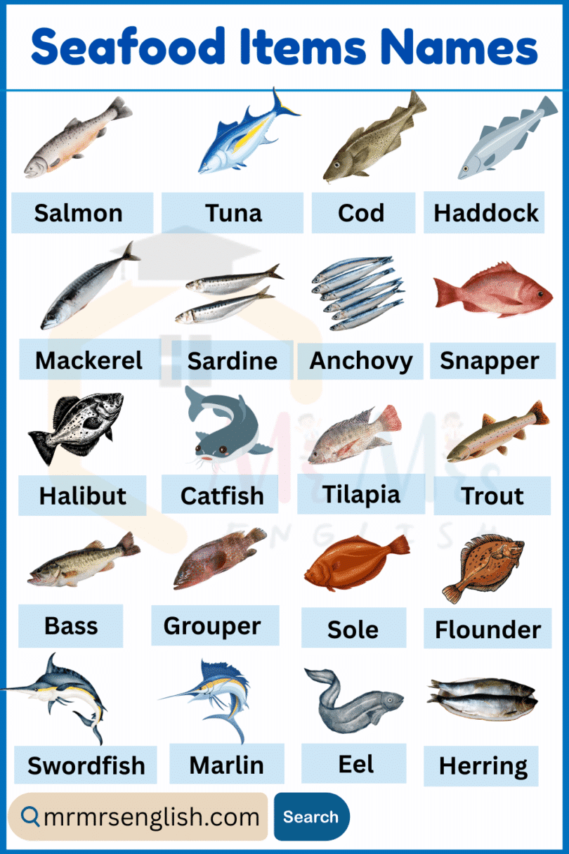 Seafood items Names in English with their Pictures - MR MRS ENGLISH