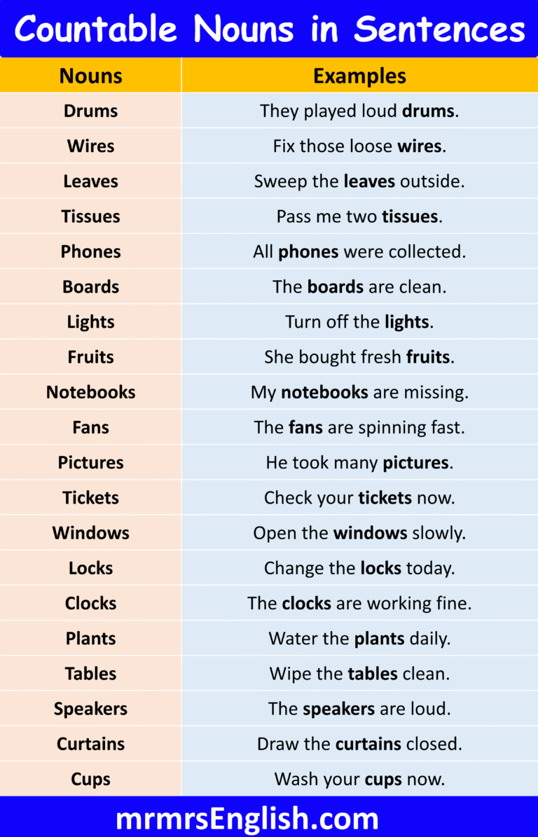 100 Countable Nouns in Sentences in English with Pictures - MR MRS ENGLISH