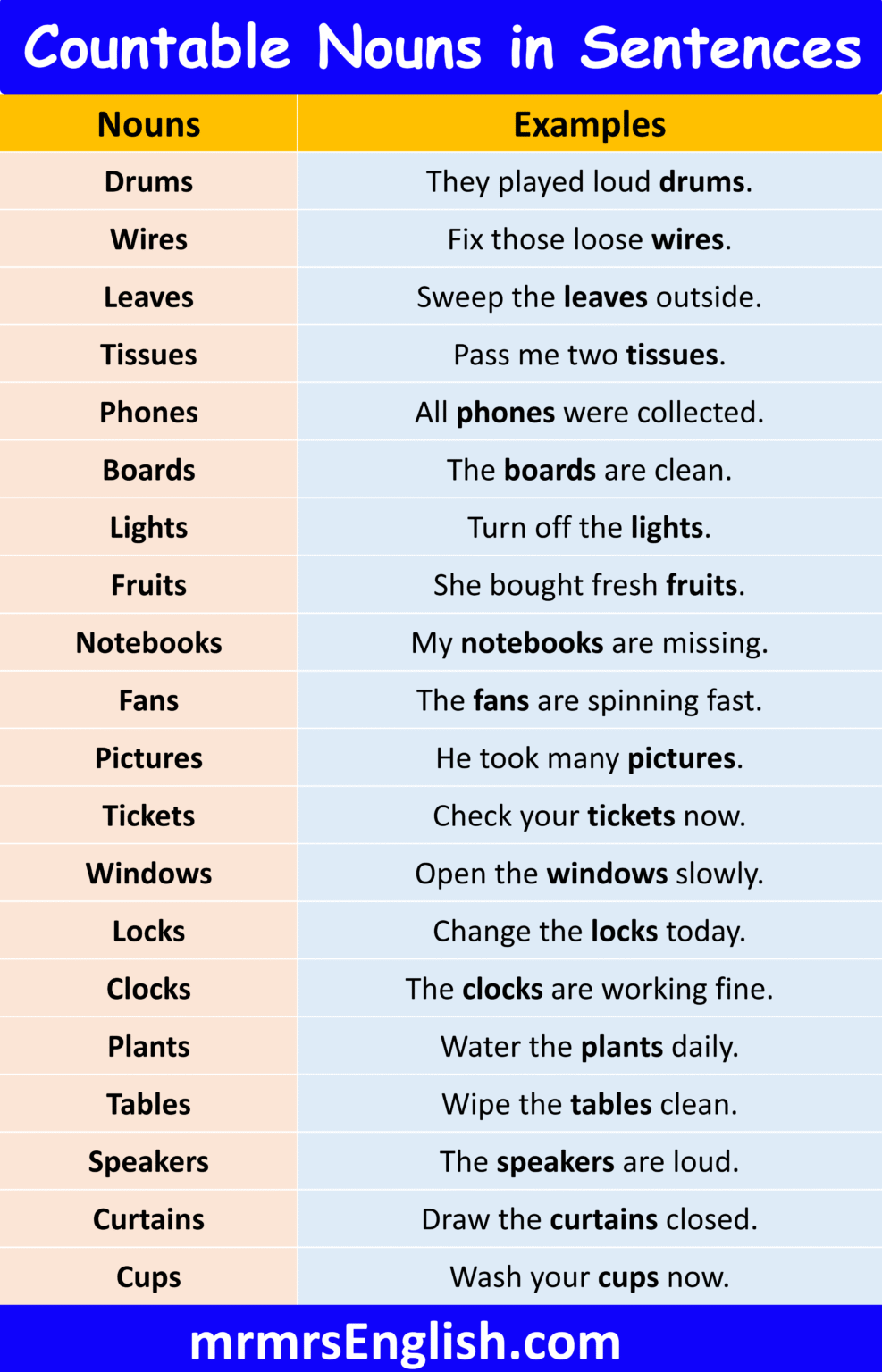 100 Countable Nouns in Sentences in English with Pictures - MR MRS ENGLISH