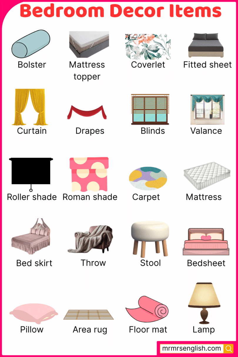 Bedroom Decor items Names in English with their Pictures - MR MRS ENGLISH