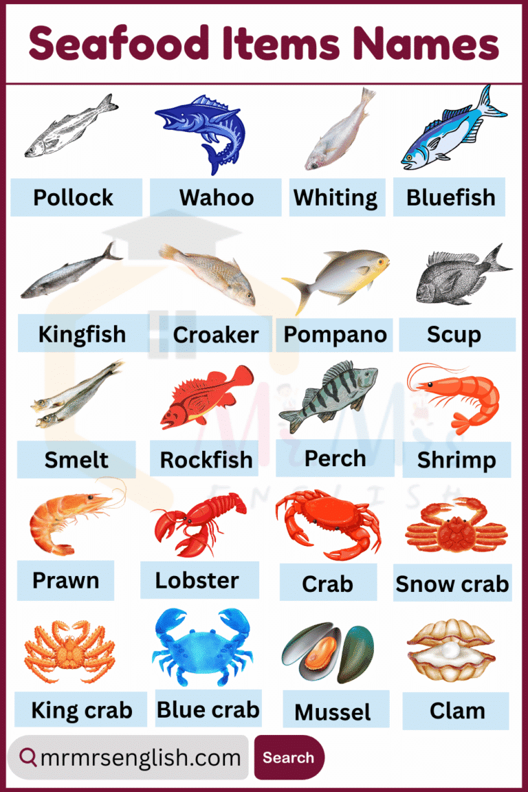 Seafood items Names in English with their Pictures - MR MRS ENGLISH