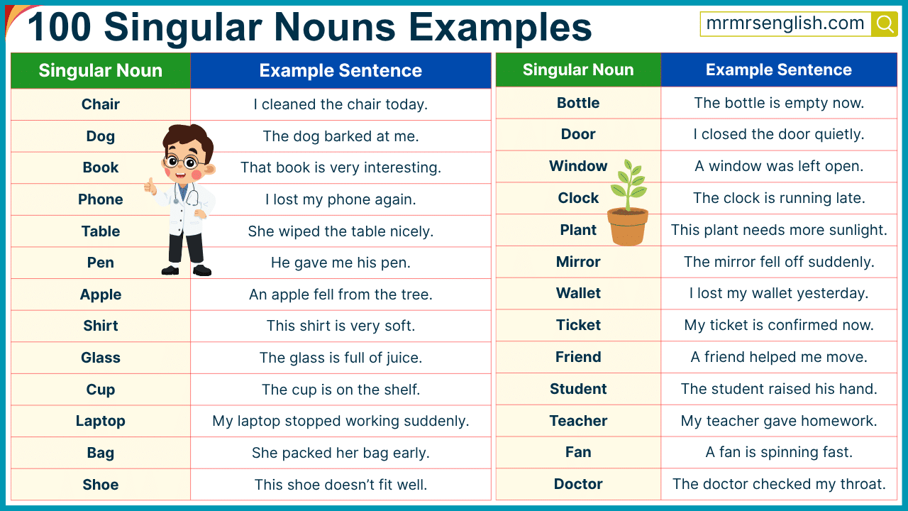 100 Singular Nouns Example Sentences in English with Pictures - MR MRS ...