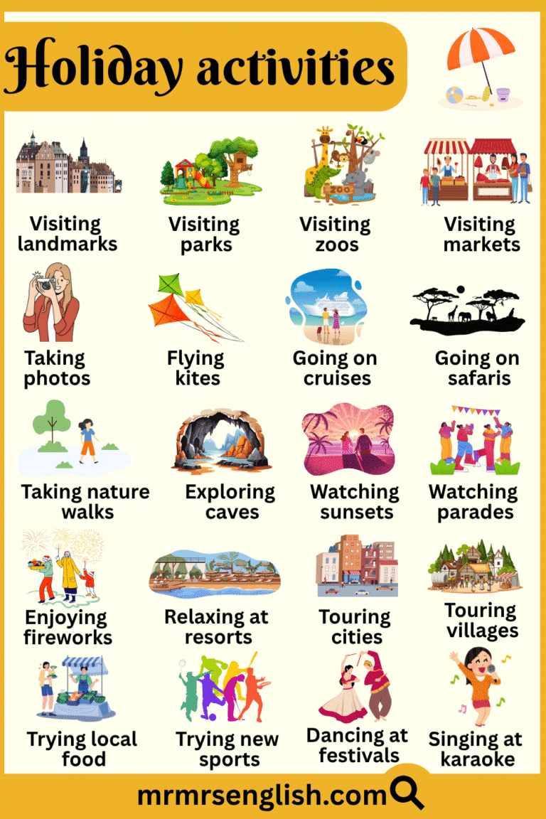 Holiday Activities Names for kids in English with Their Pictures - MR ...