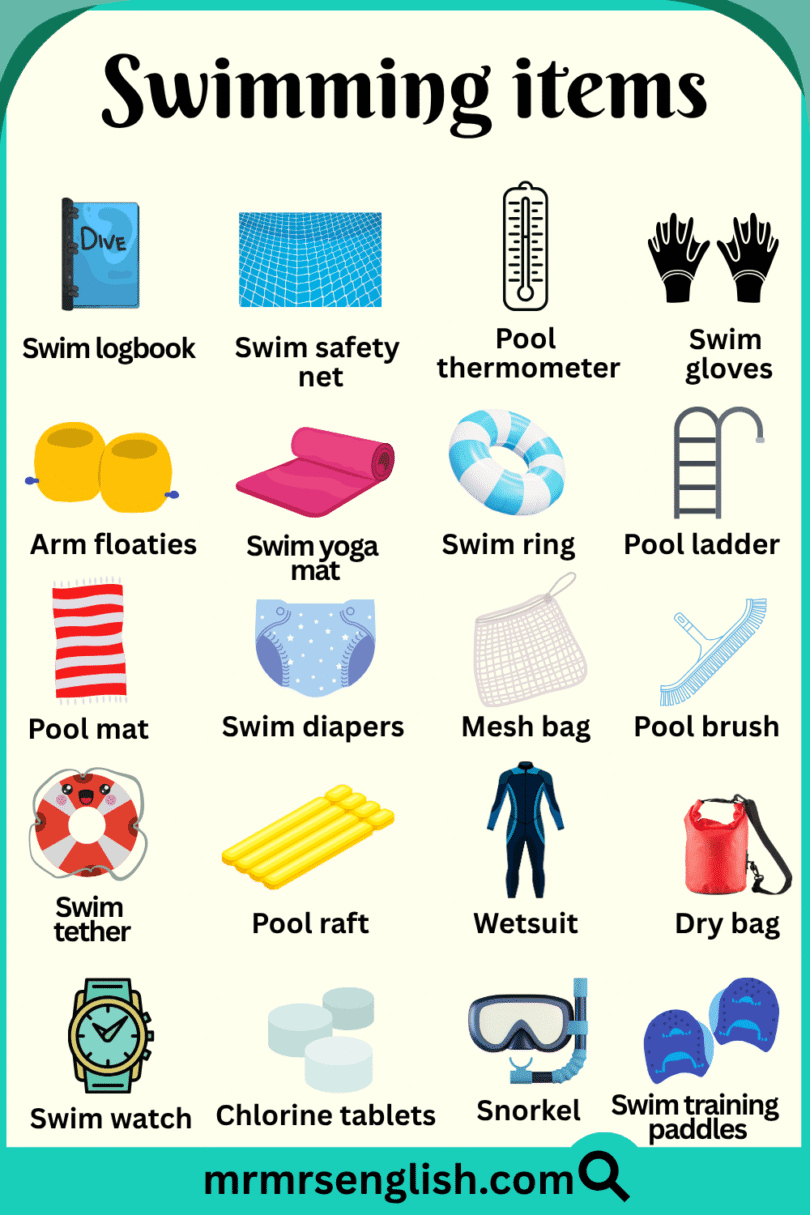 Swimming Items Names in English with Their Pictures - MR MRS ENGLISH