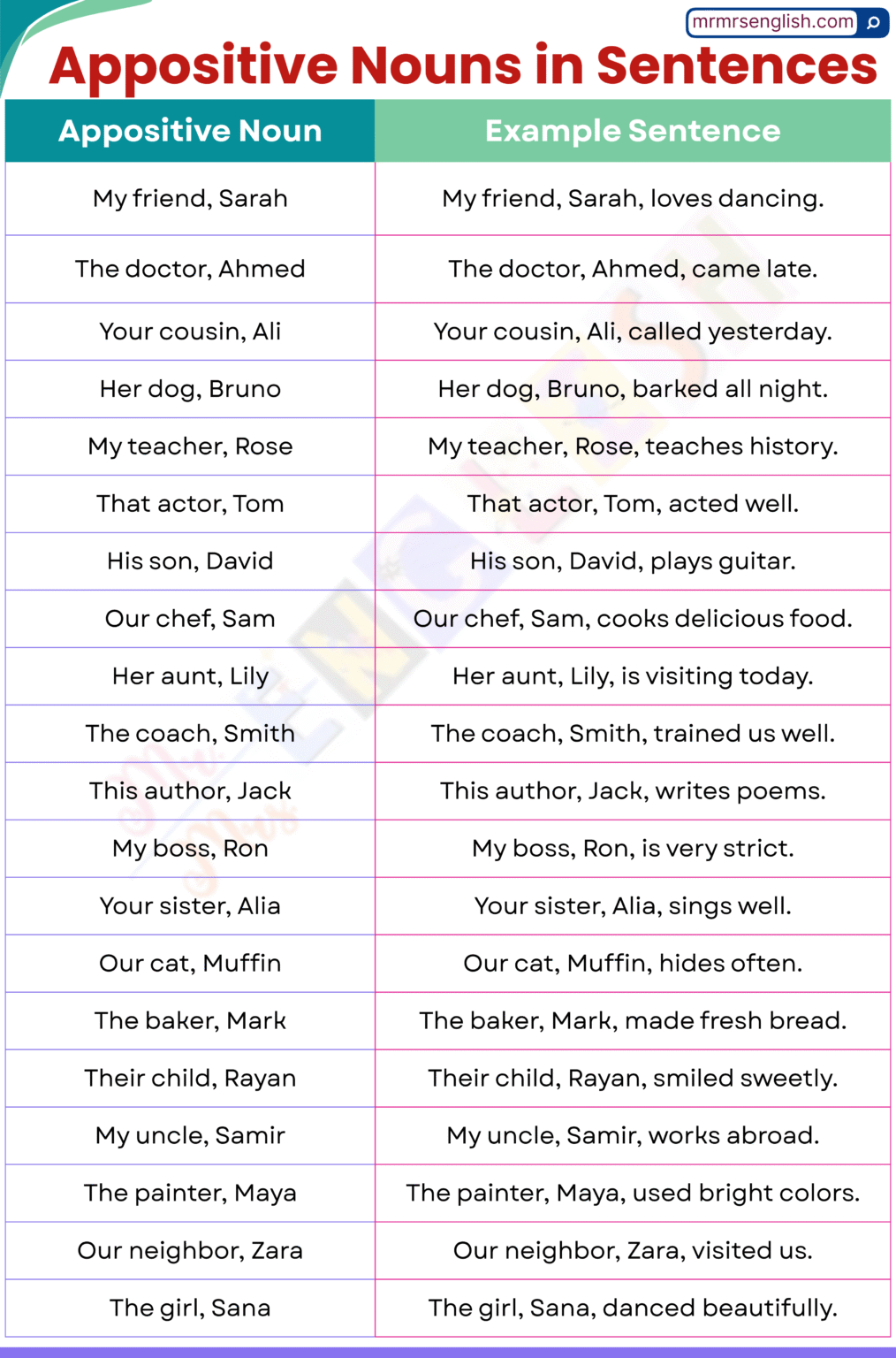 Appositive Nouns Examples Sentences in English with Pictures - MR MRS ...