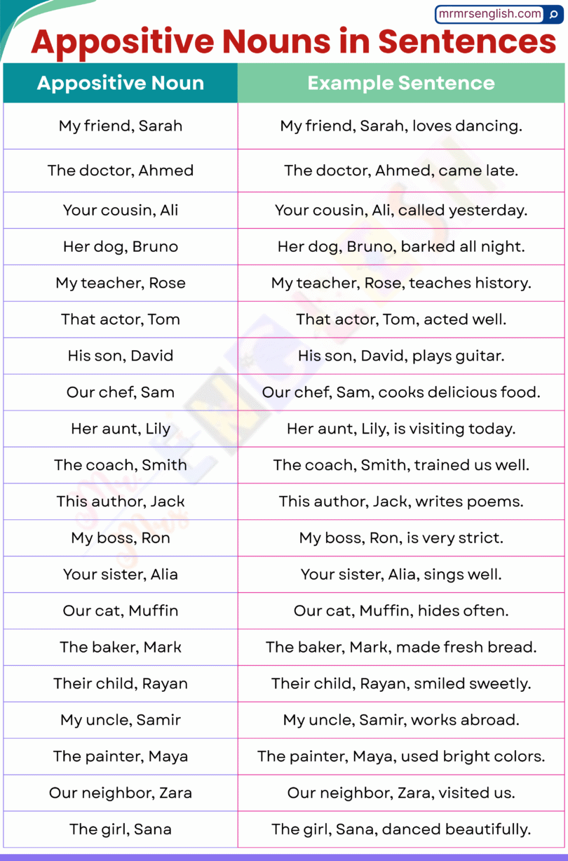 Appositive Nouns Examples Sentences in English with Pictures - MR MRS ...