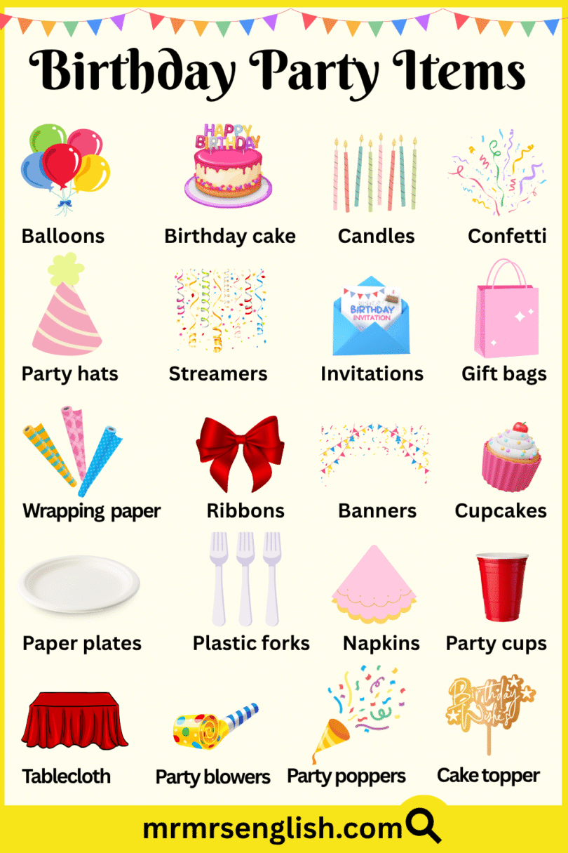 Birthday Party Items Names in English with Their Pictures - MR MRS ENGLISH