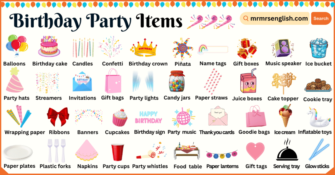 Birthday Party Items Names in English with Their Pictures - MR MRS ENGLISH