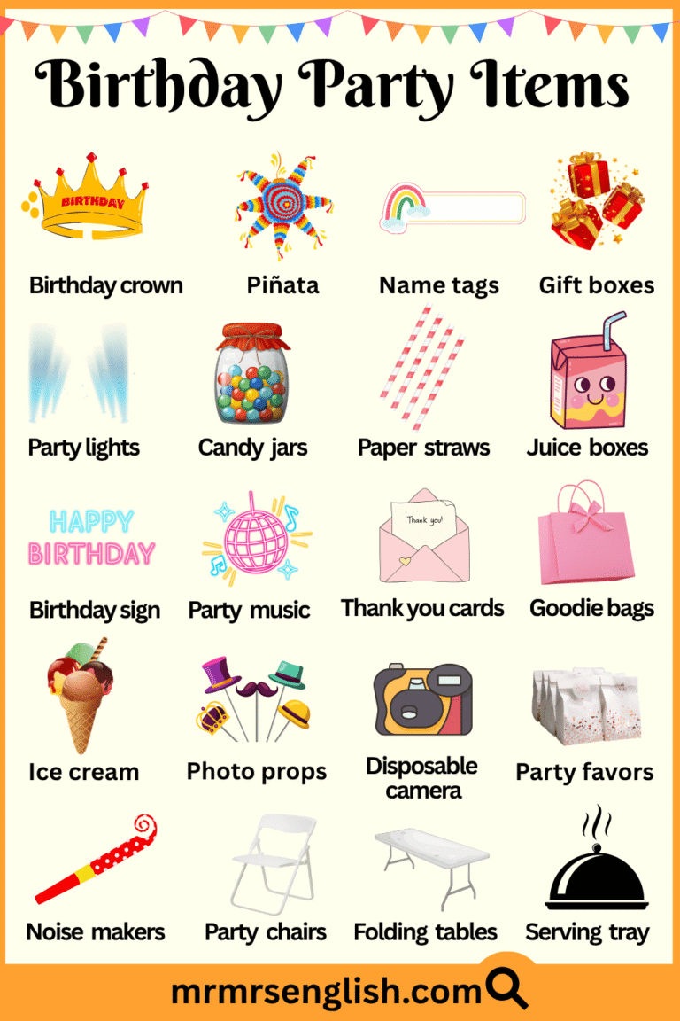 Birthday Party Items Names in English with Their Pictures - MR MRS ENGLISH