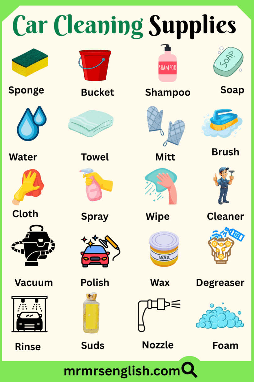 Car Cleaning Supplies Names in English with their Pictures - MR MRS ENGLISH