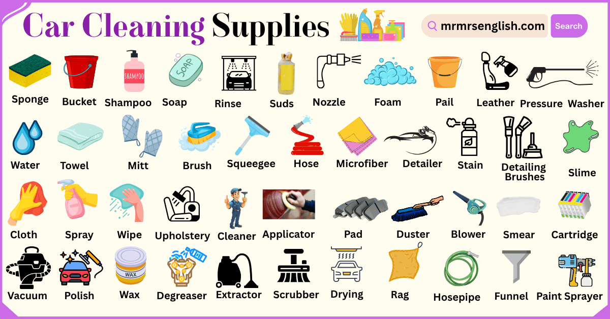 Car Cleaning Supplies Names in English with their Pictures - MR MRS ENGLISH