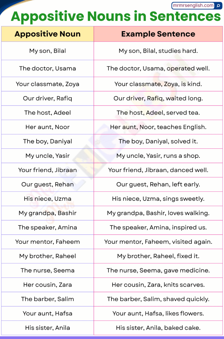 Appositive Nouns Examples Sentences in English with Pictures - MR MRS ...