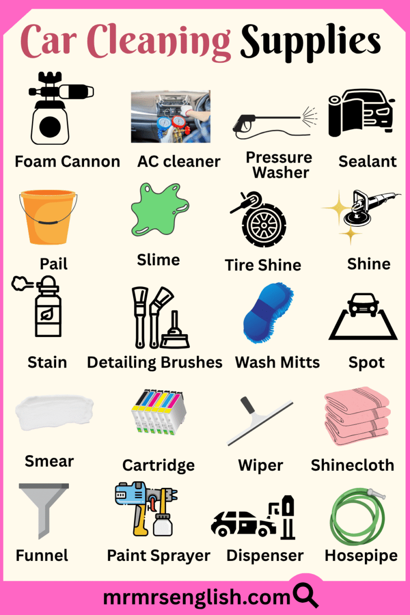 Car Cleaning Supplies Names in English with their Pictures - MR MRS ENGLISH