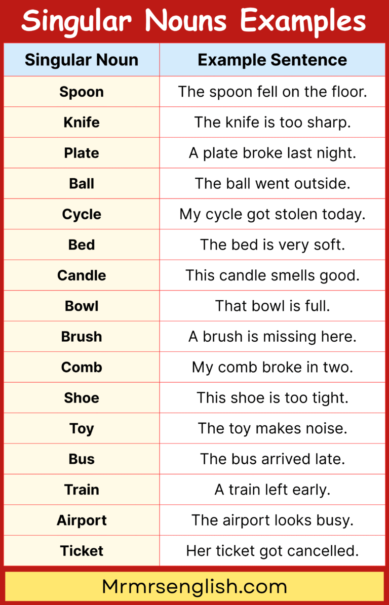 100 Singular Nouns Example Sentences in English with Pictures - MR MRS ...