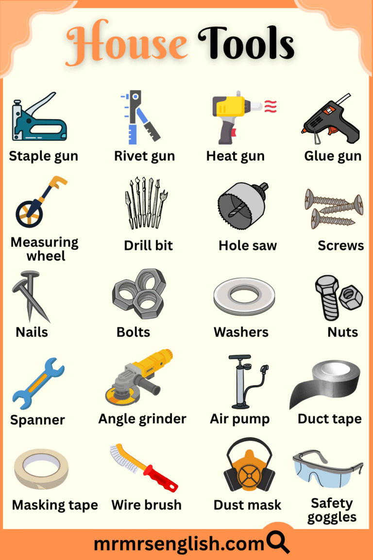 House Tools Names in English with Their Pictures - MR MRS ENGLISH