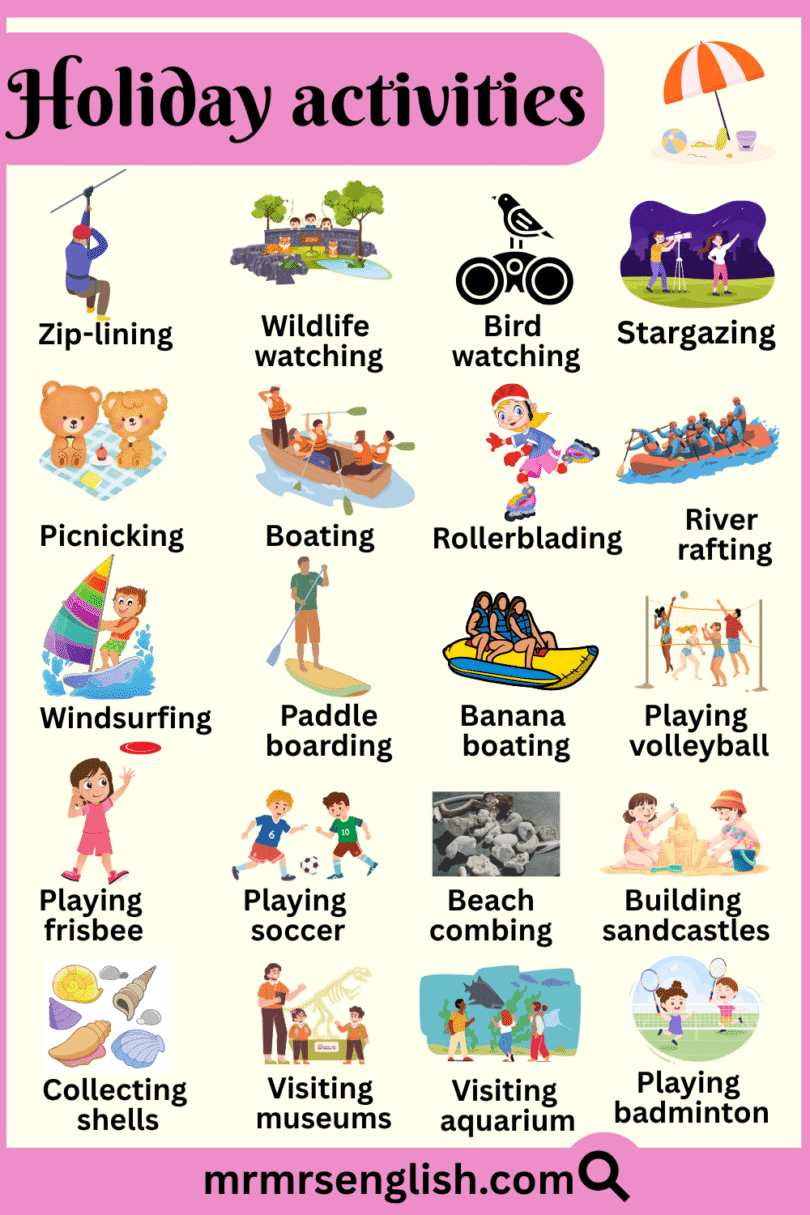 Holiday Activities Names for kids in English with Their Pictures - MR ...