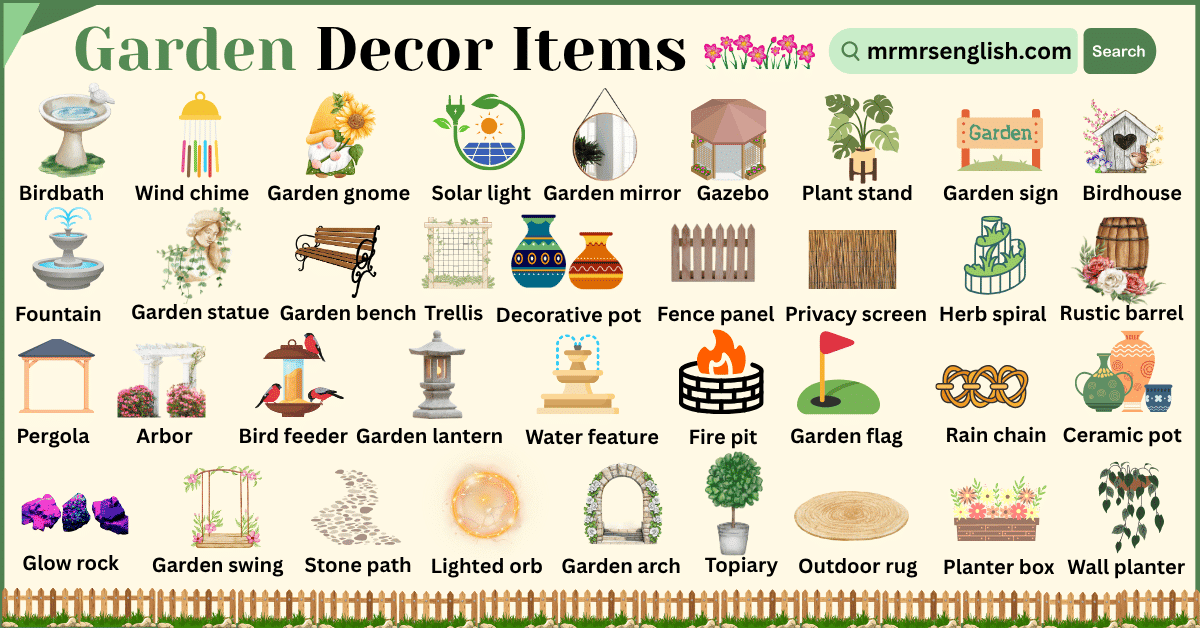 Garden Decor Items Names in English with Their Pictures - MR MRS ENGLISH