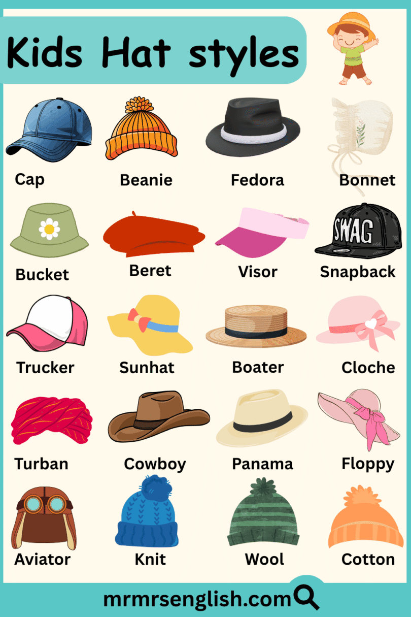 Hat Styles Names for Kids in English with Pictures - MR MRS ENGLISH