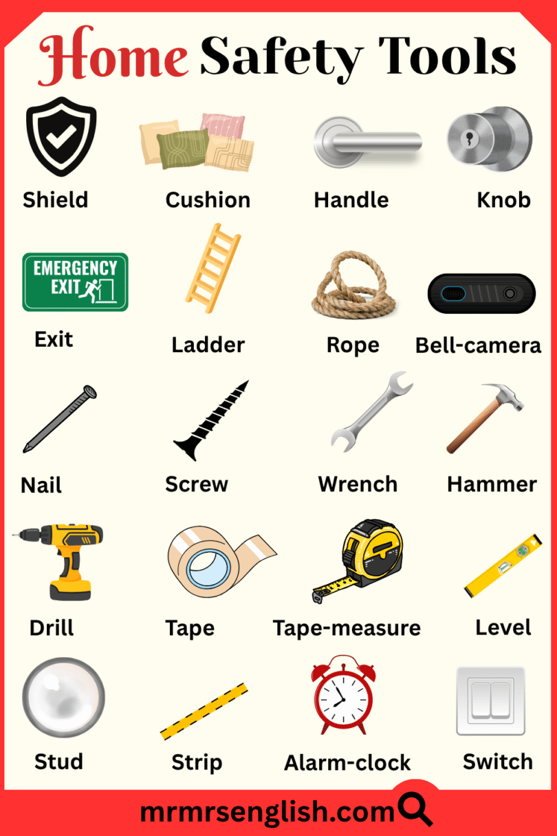 Home Safety Tools Names in English with Their Pictures - MR MRS ENGLISH