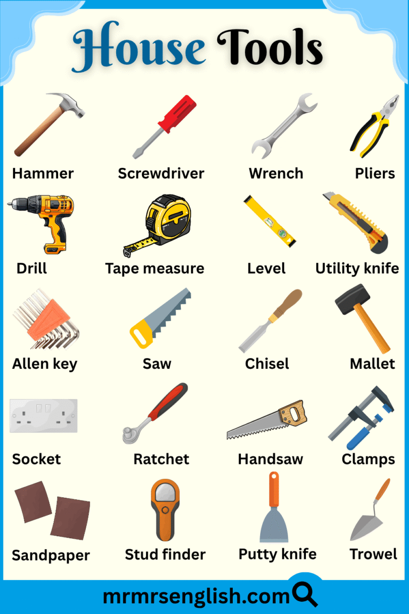 House Tools Names in English with Their Pictures - MR MRS ENGLISH