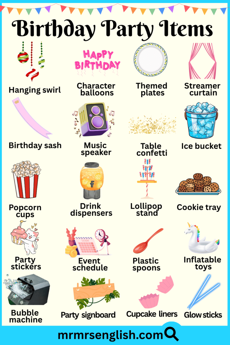Birthday Party Items Names in English with Their Pictures - MR MRS ENGLISH