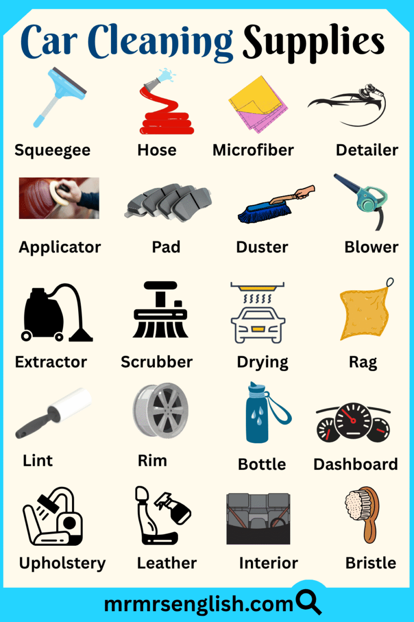 Car Cleaning Supplies Names in English with their Pictures - MR MRS ENGLISH