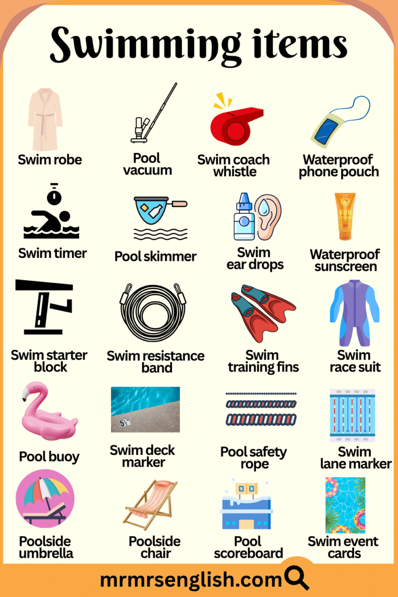 Swimming Items Names in English with Their Pictures - MR MRS ENGLISH