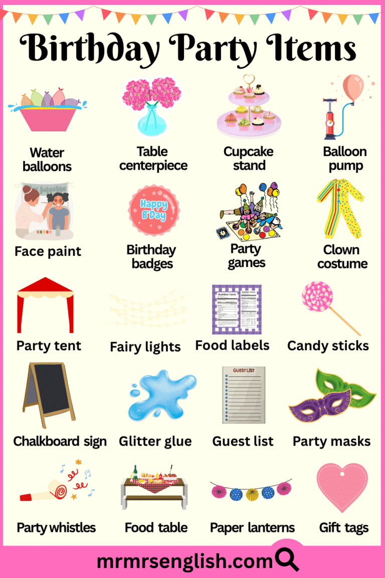 Birthday Party Items Names in English with Their Pictures - MR MRS ENGLISH