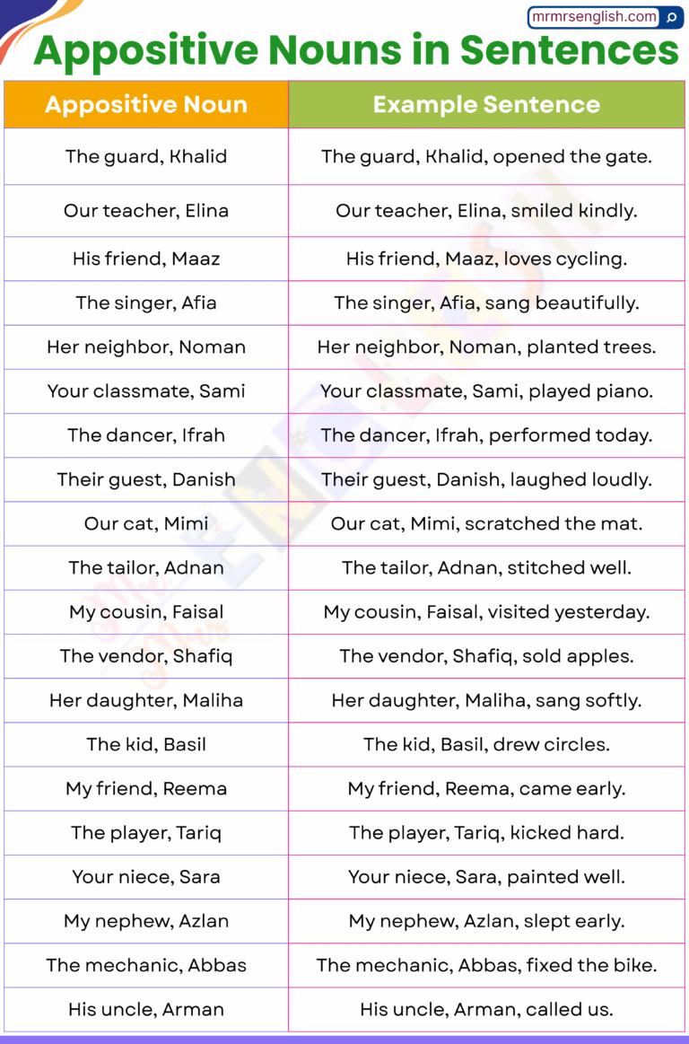 Appositive Nouns Examples Sentences in English with Pictures - MR MRS ...
