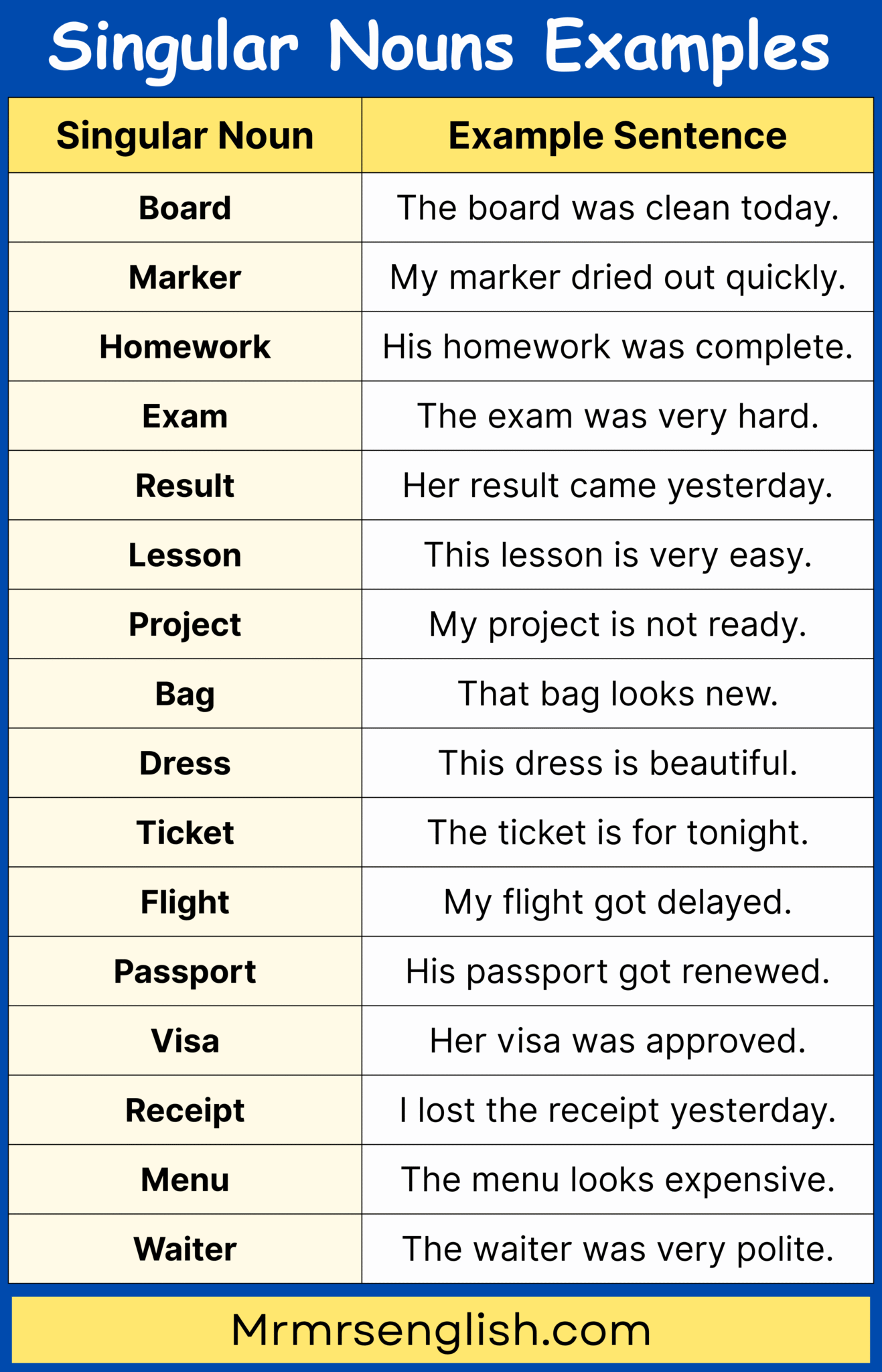 100 Singular Nouns Example Sentences in English with Pictures - MR MRS ...