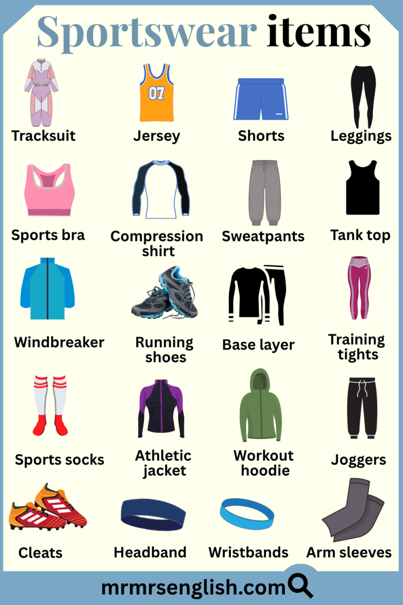 Sportswear Items Names in English with Their Pictures - MR MRS ENGLISH